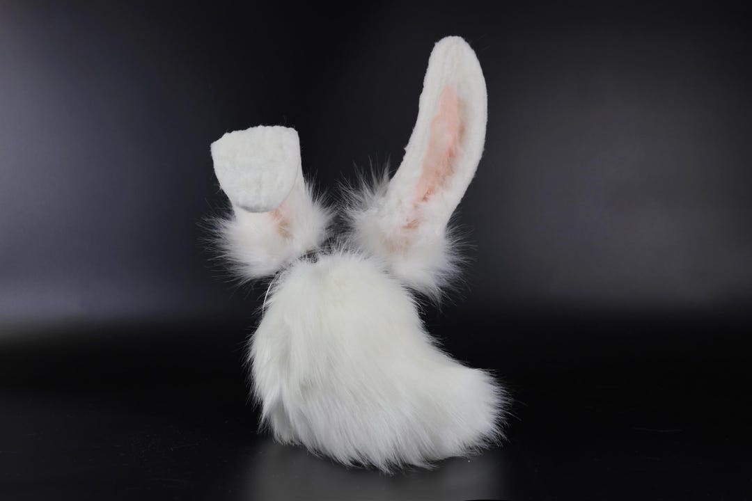 Realistic White Faux Fur Bunny Ear and Tail Set Bendable Bunny Ear ...