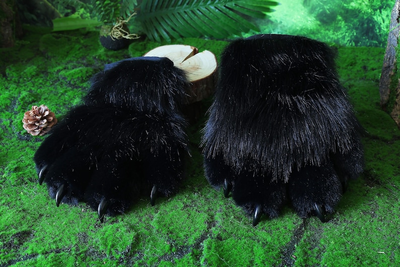 Black Fursuit Paws Cat Paws Gloves Realistic Faux Fur Kitten Fursuit ...