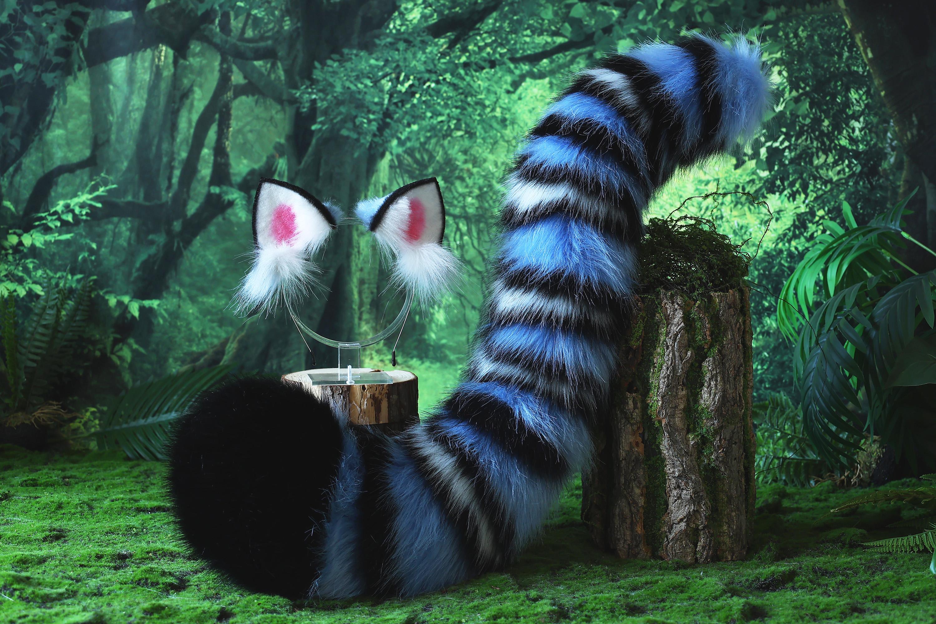 Realistic Faux Fur Derpy Tiger Ear and Tail Set Blue Black White ...