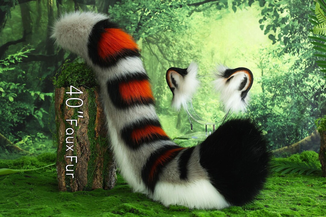 Realistic Faux Fur Snow Leopard Ear and Tail Set Role Play Gray Brown ...