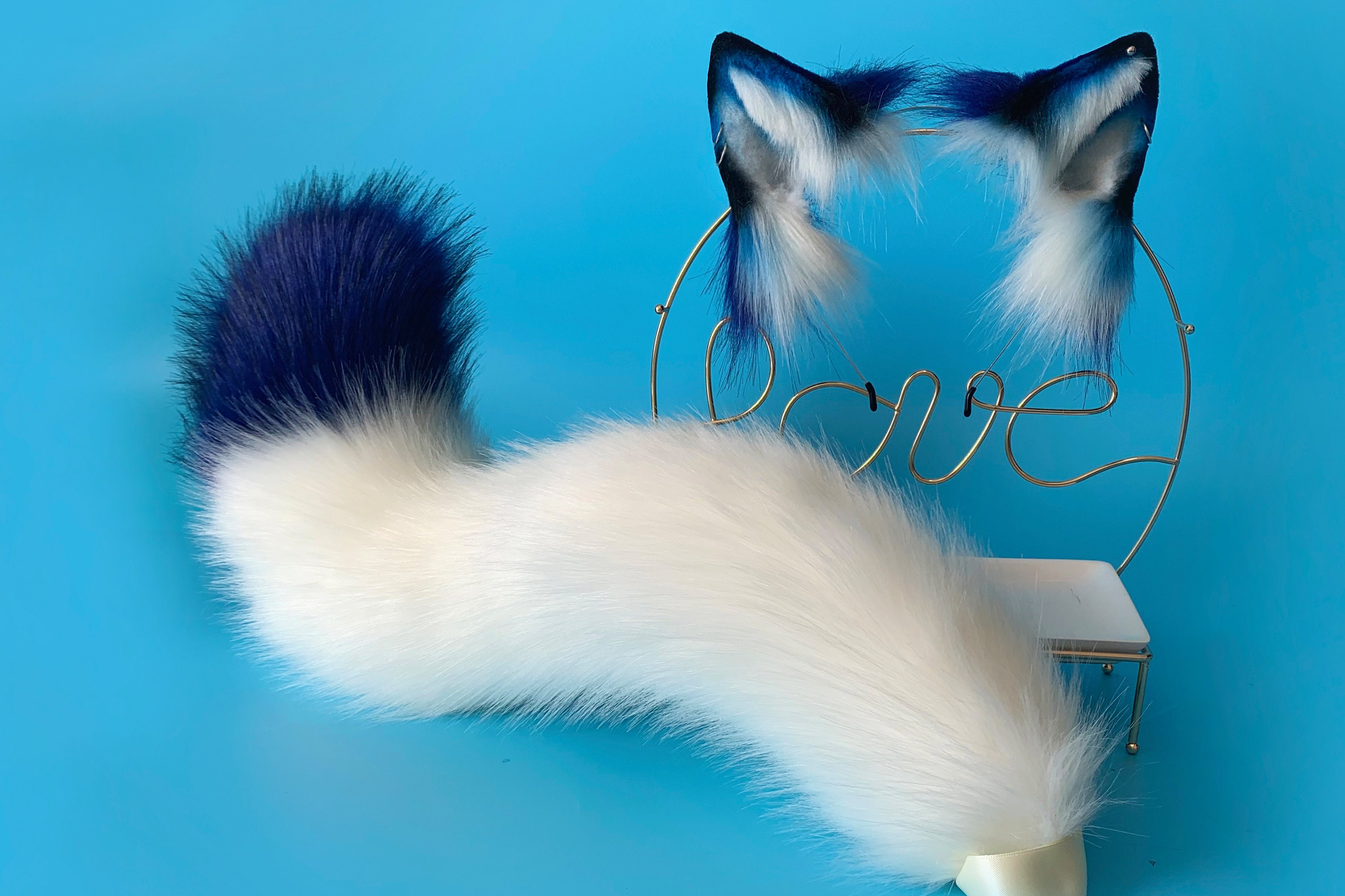 22 Inches blue White Fox Tail and Fox Ear Set Wolf Tail Wolf | Etsy