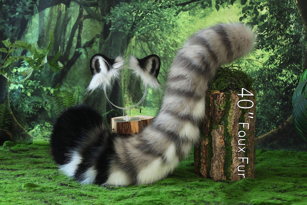 Tiger Ear and Tail Set Realistic Gray Faux Fur Tiger Tail and Ear ...