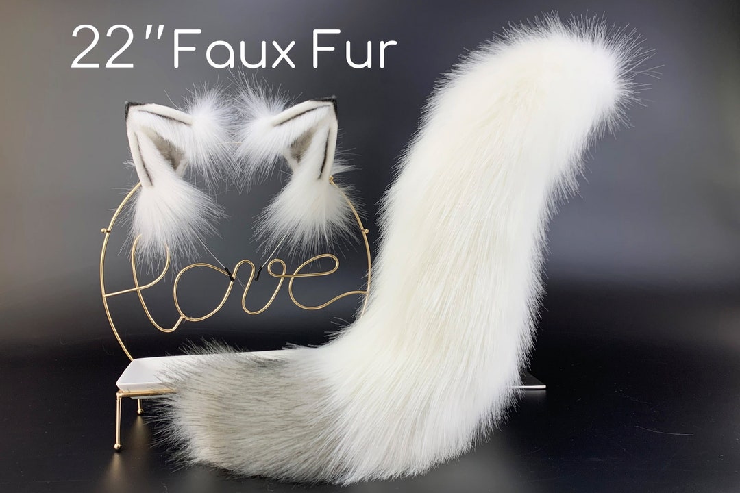 White Gray Faux Fur Fox Ear and Tail Curved Wolf Tail and Ear Cat Tail ...