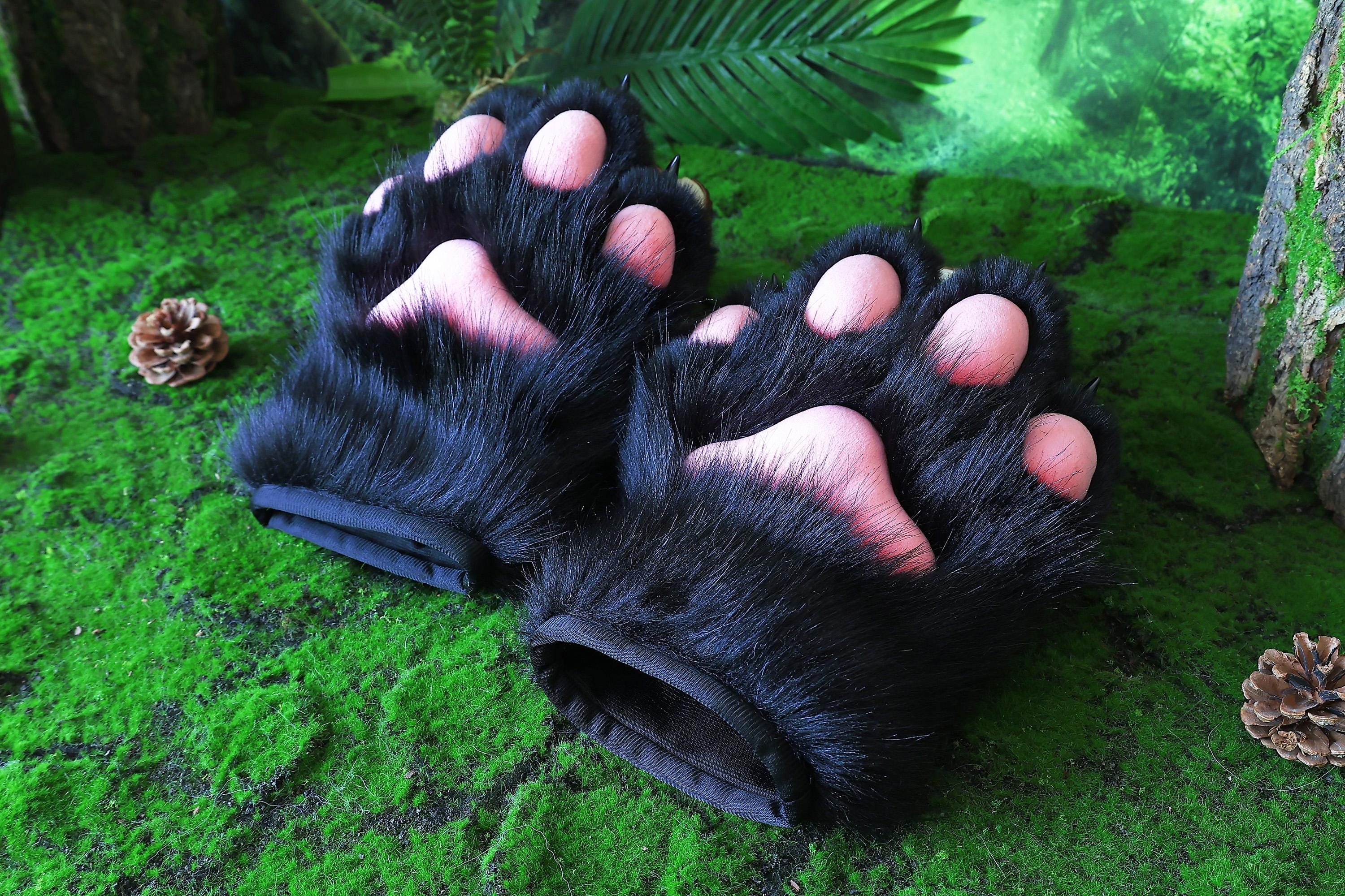 Black Fursuit Paws Cat Paws Gloves Realistic Faux Fur Kitten Fursuit ...