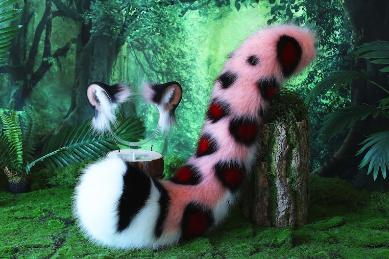 Pink Faux Fur Snow Leopard Ear and Tail Set Role Play Realistic Snow ...