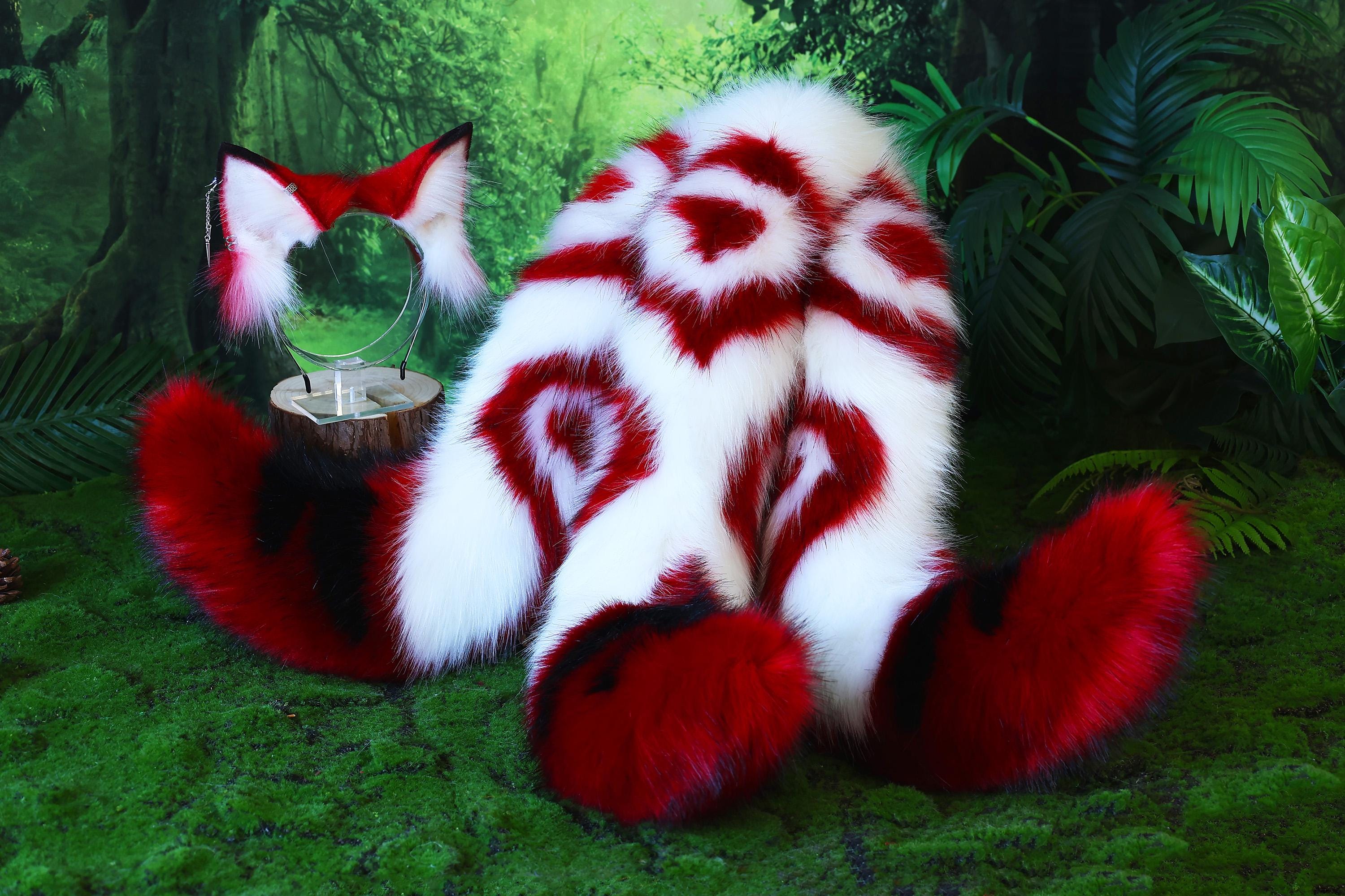 3 Tailed Kitsune Tail and Ear Set Faux Fur Red White 3 Fox Tails and ...