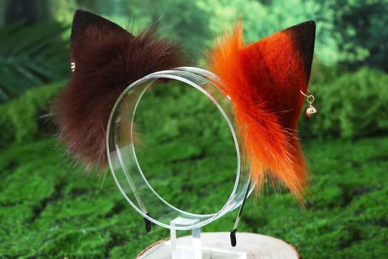 Brown Stripes Faux Fur Fox Ear and Tail Curved Wolf Tail and Ear Cat ...
