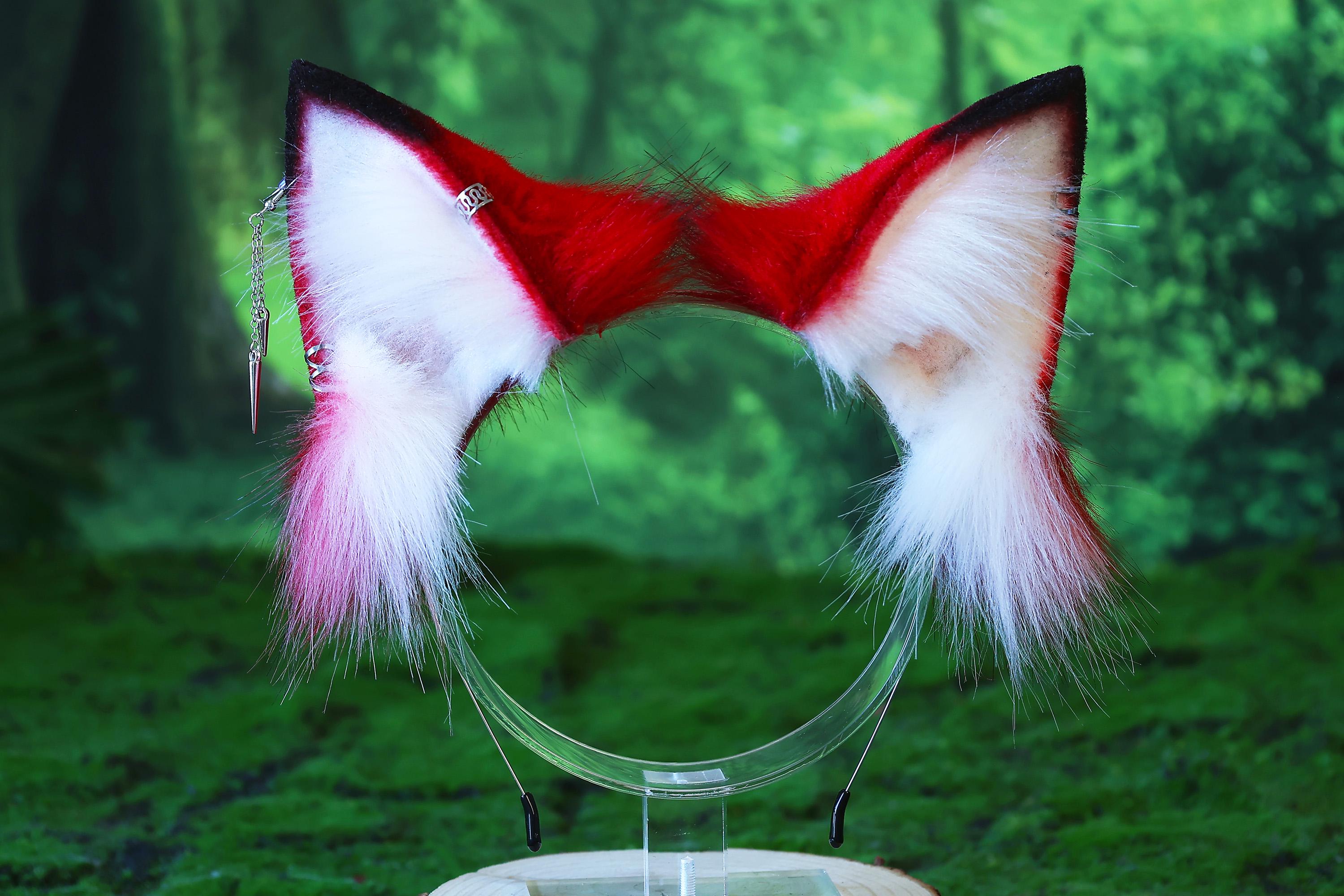 3 Tailed Kitsune Tail and Ear Set Faux Fur Red White 3 Fox Tails and ...