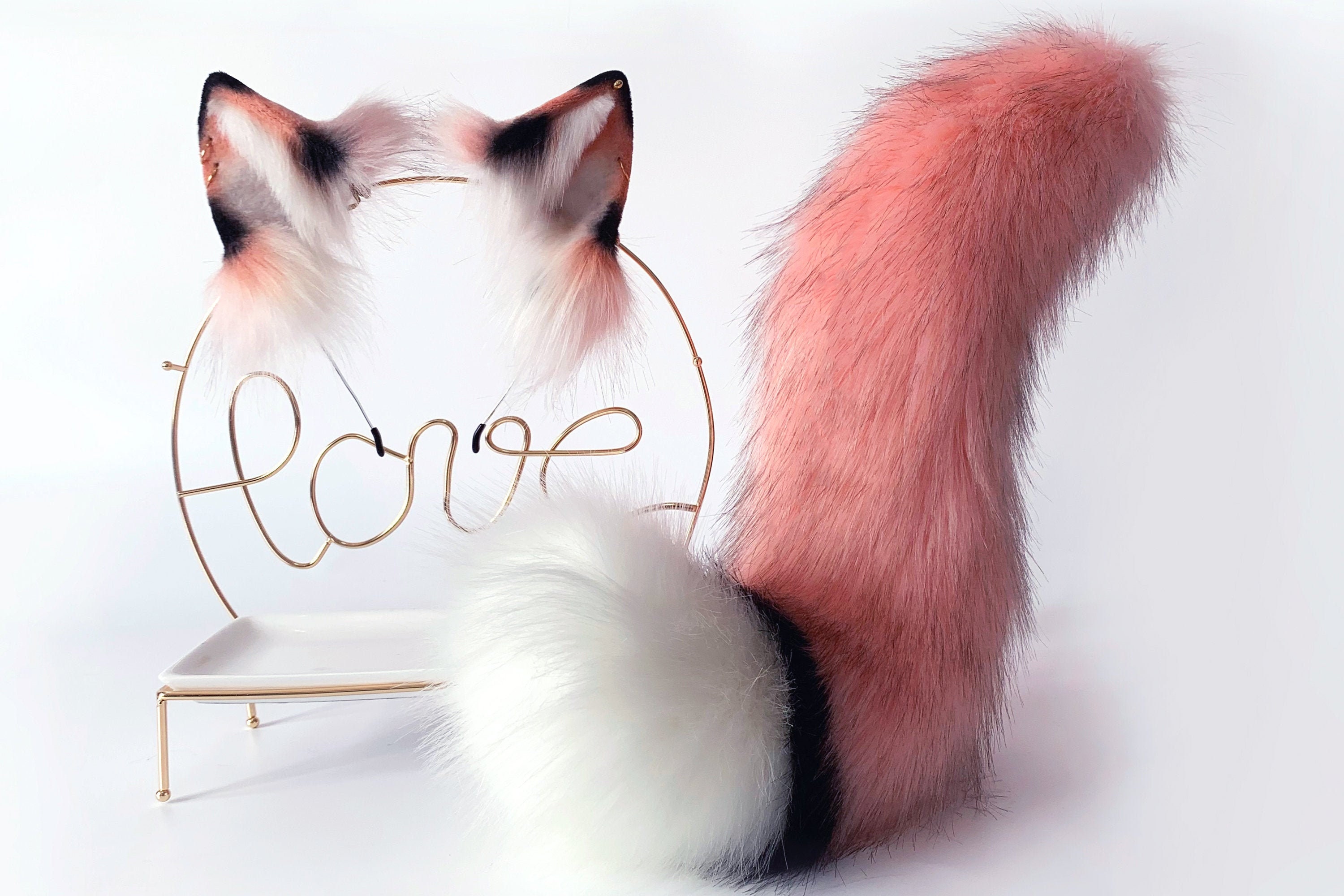 22 in Fox Tail Pink White Fox Ear Set Costume Wolf Tail Wolf | Etsy