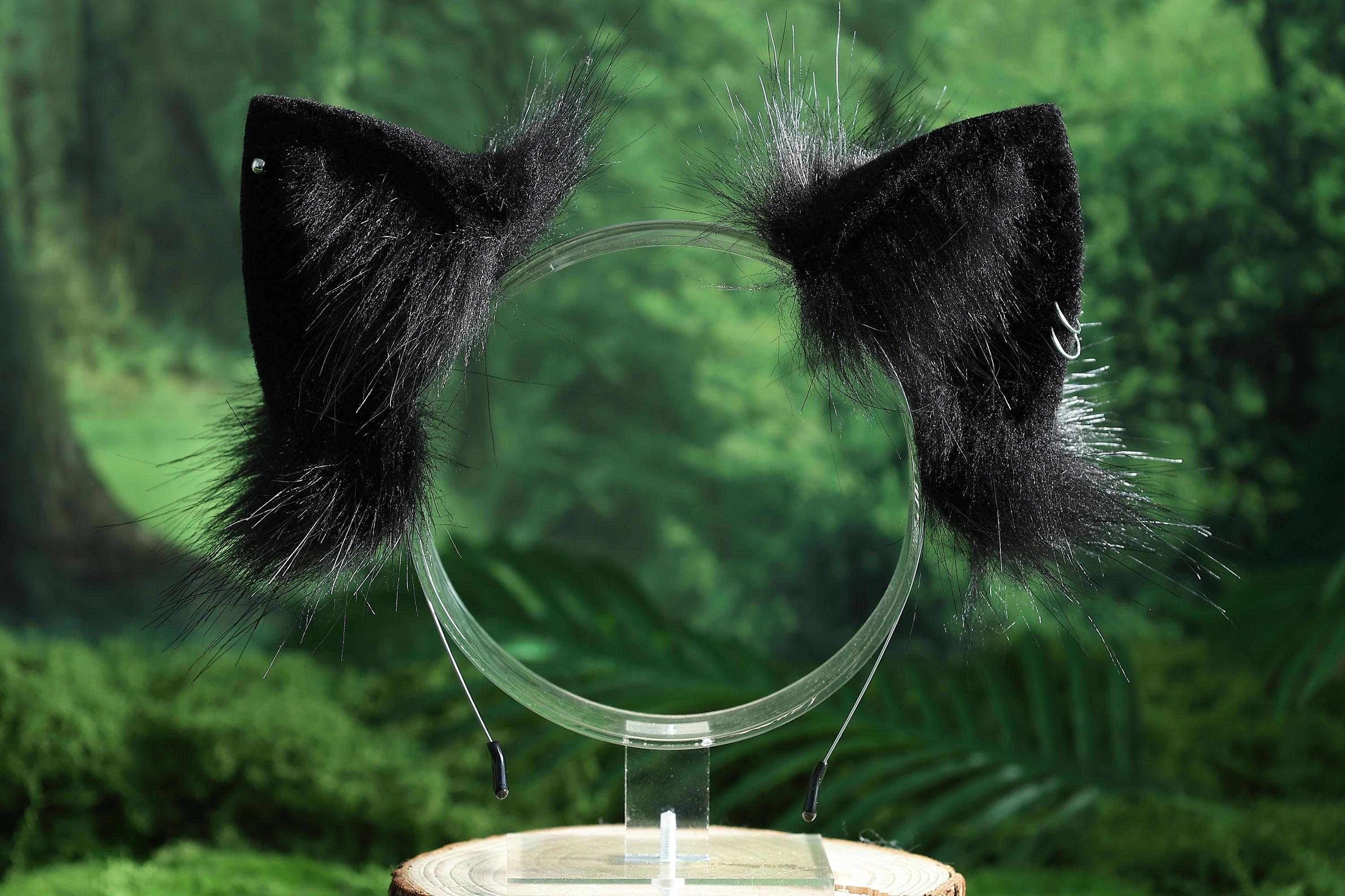 Black Faux Fur Fox Ear and Tail Curved Wolf Tail and Ear Cat Tail and ...