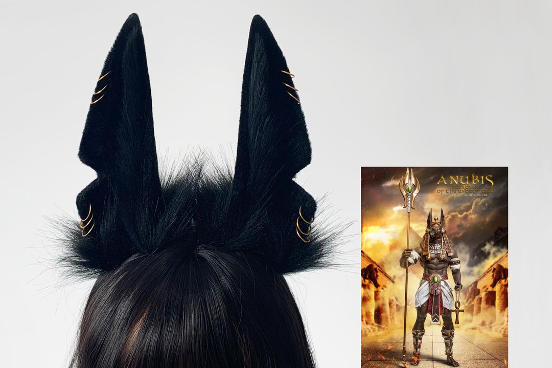 Black Realistic Anubis Wolf Ear Smulational Beast Ear Faux Fur Ear Wolf ...