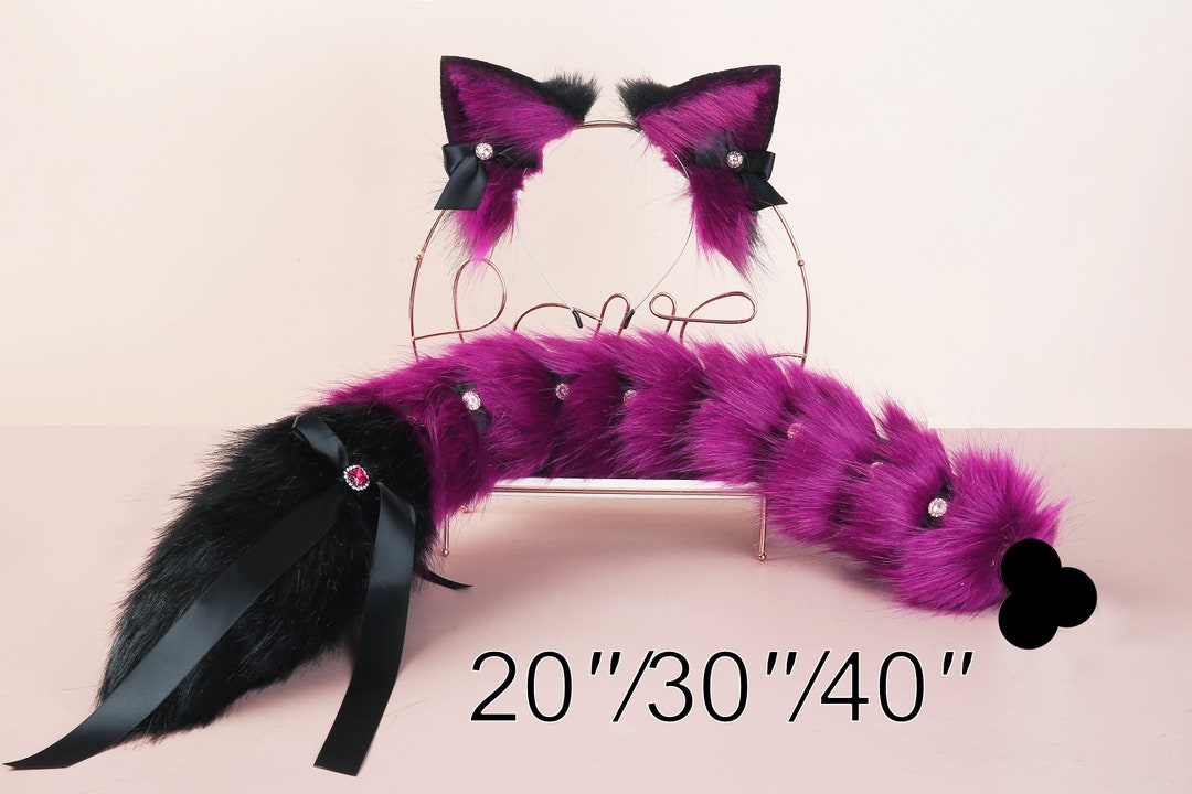 Purple Black Fox Ear and Tail Set Fox Tail and Ear Petplay Set Wolf Ear ...