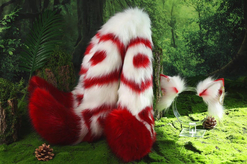 Faux Fur 3 Tailed Kitsune Tail and Ear Set Red White 3 Fox Tails and ...