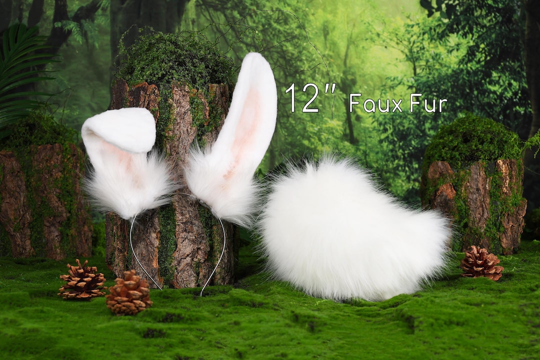 Realistic White Faux Fur Bunny Ear and Tail Set Bendable Bunny Ear ...