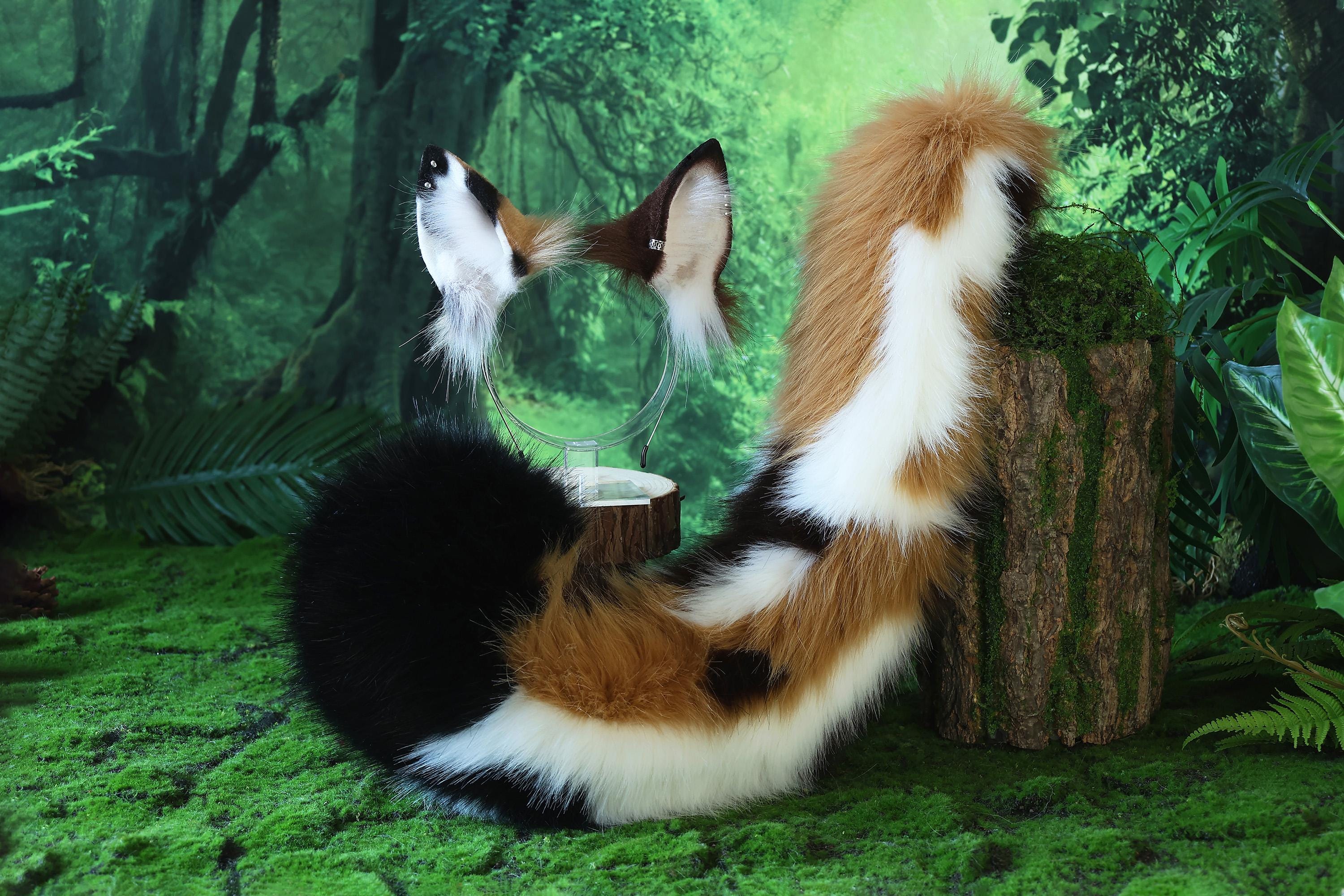 Calico Faux Fur Cat Ears and Tail Curved Puppy Tail and Ears Wolf Tail ...