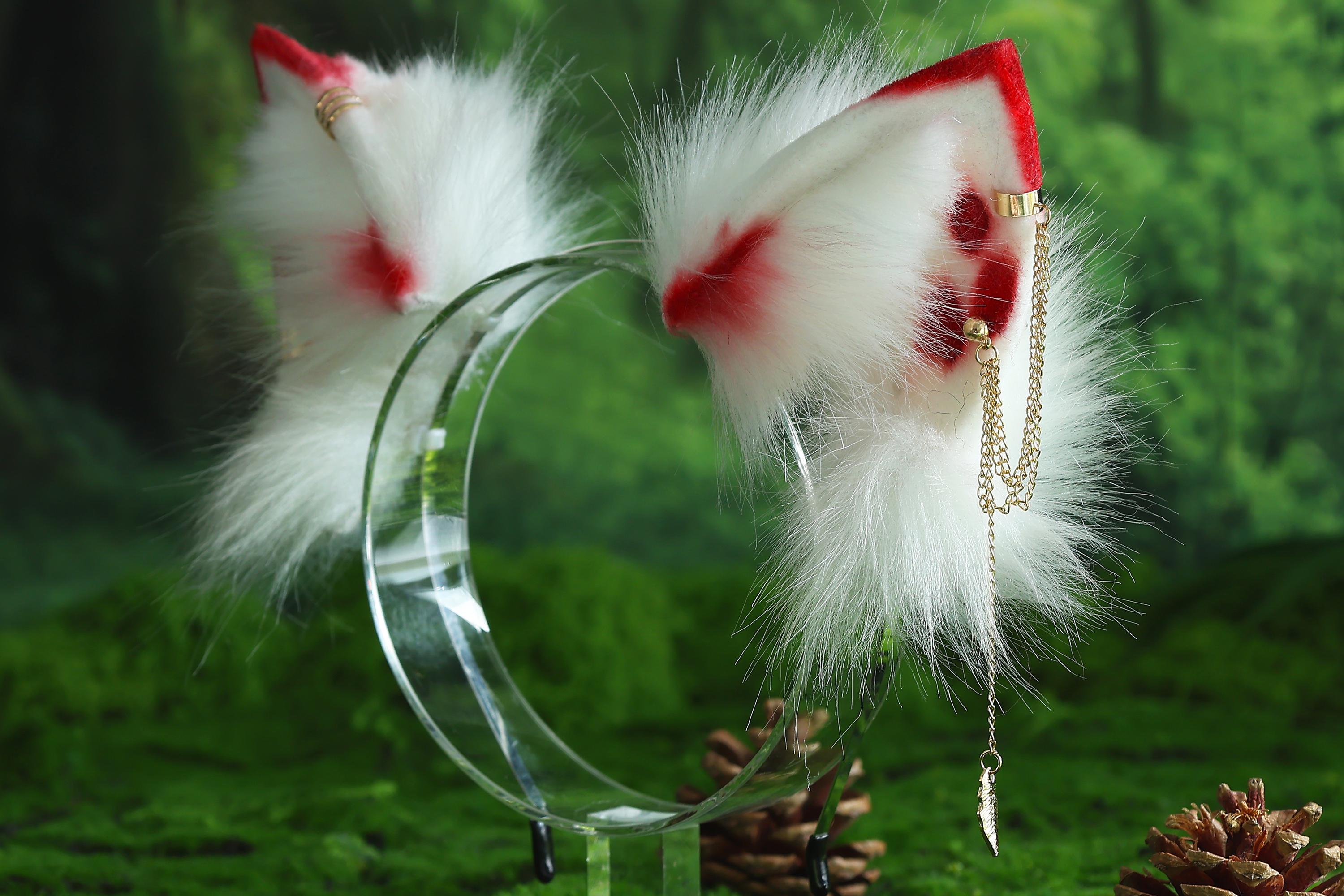 Faux Fur 3 Tailed Kitsune Tail and Ear Set Red White 3 Fox Tails and ...