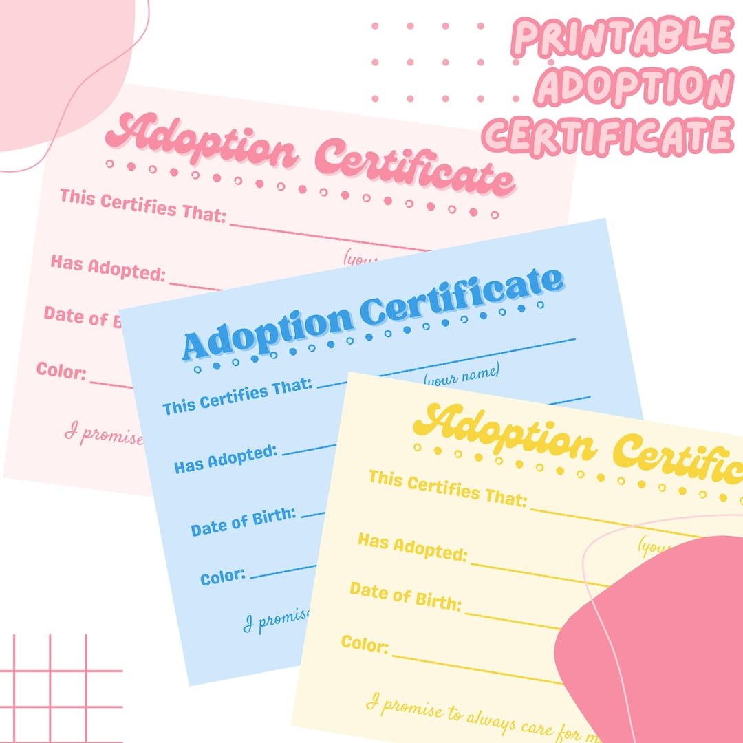 Plushie Adoption Certificates - Instant Download Printable Certificate ...