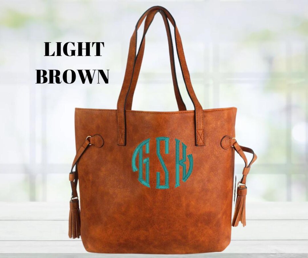 Monogrammed Faux Leather Tote Bag With Tassels - Personalized Initial ...