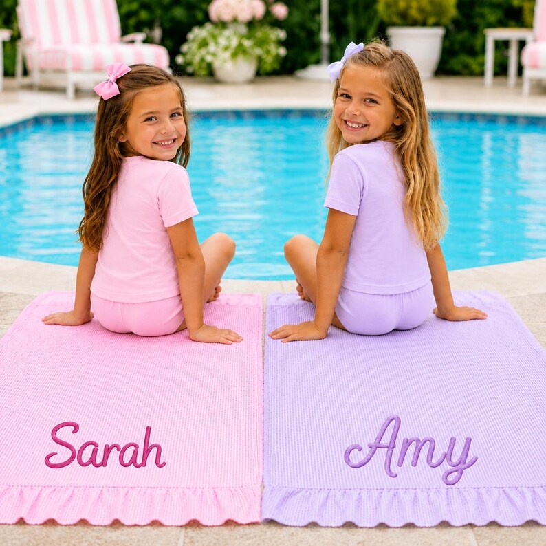 Personalized Seersucker Beach Towel, Ruffle Terry Cloth, Embroidered ...