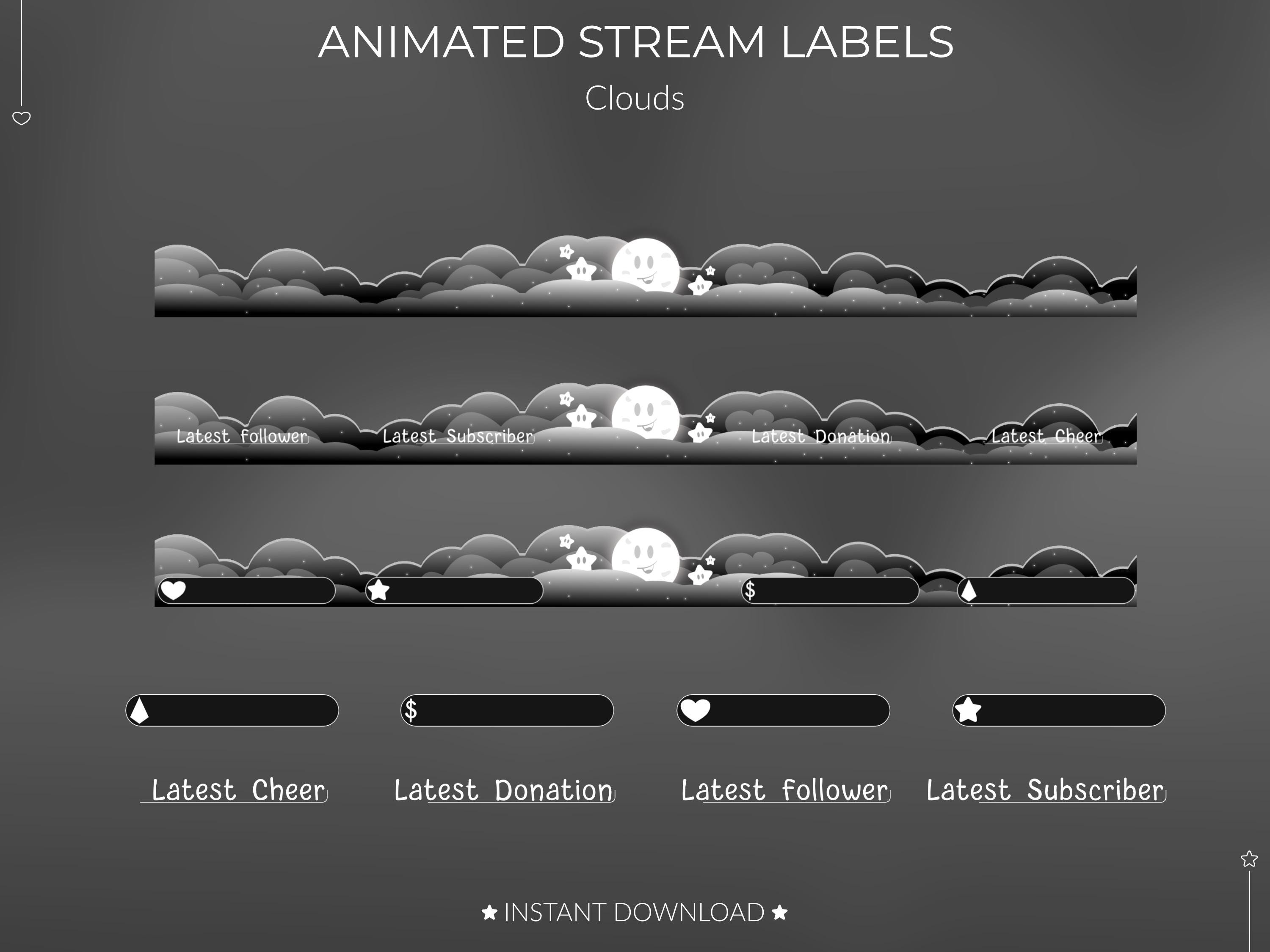 Animated Stream Overlay Label Pack: Black & White Alerts (digital ...