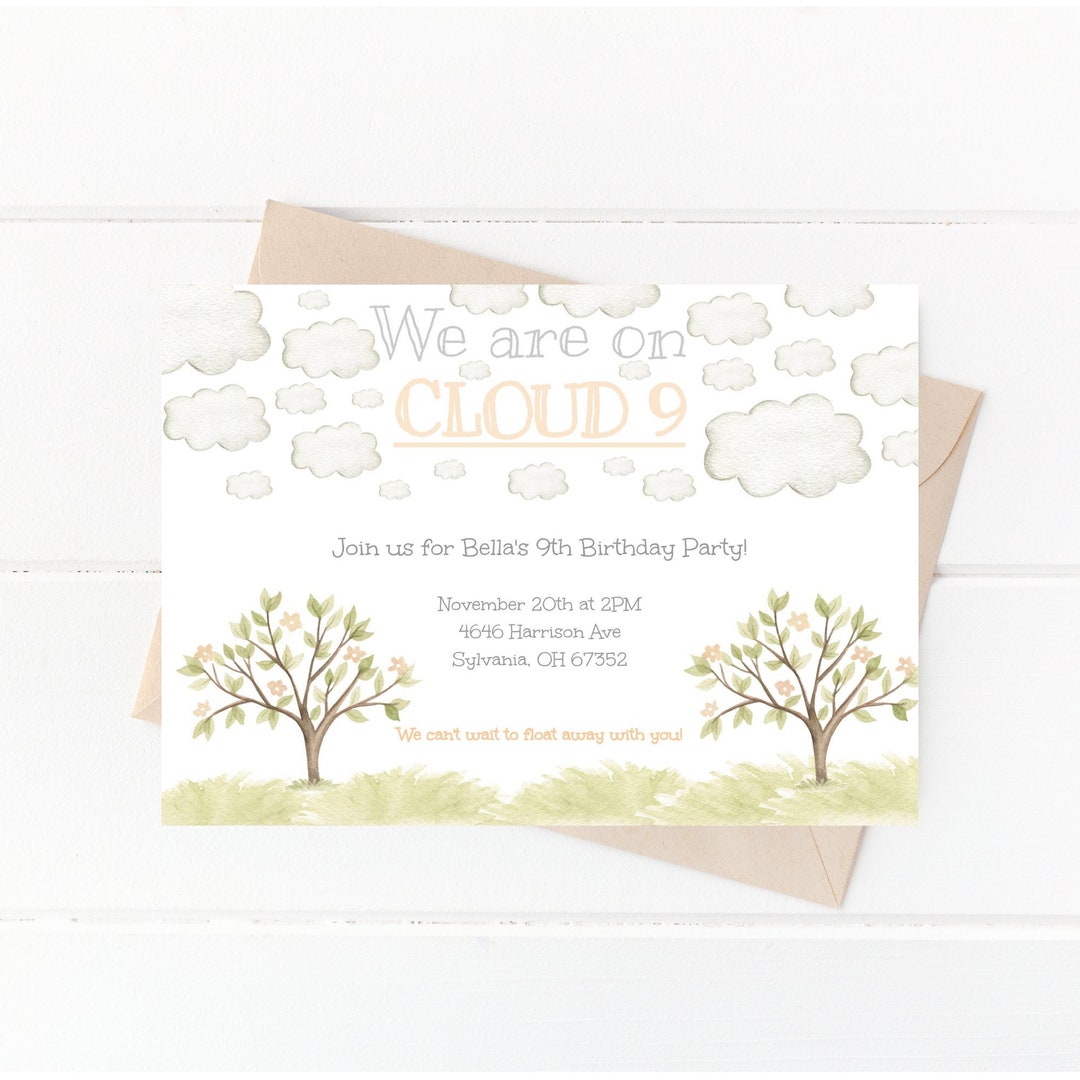 Cloud 9 Birthday Invite, Cloud Birthday Invite, 9 Year Old Birthday ...