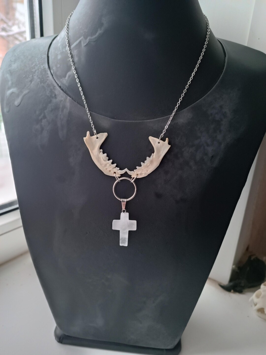 Real Bone Gothic Necklace With Quartz Crystal Cross - Etsy