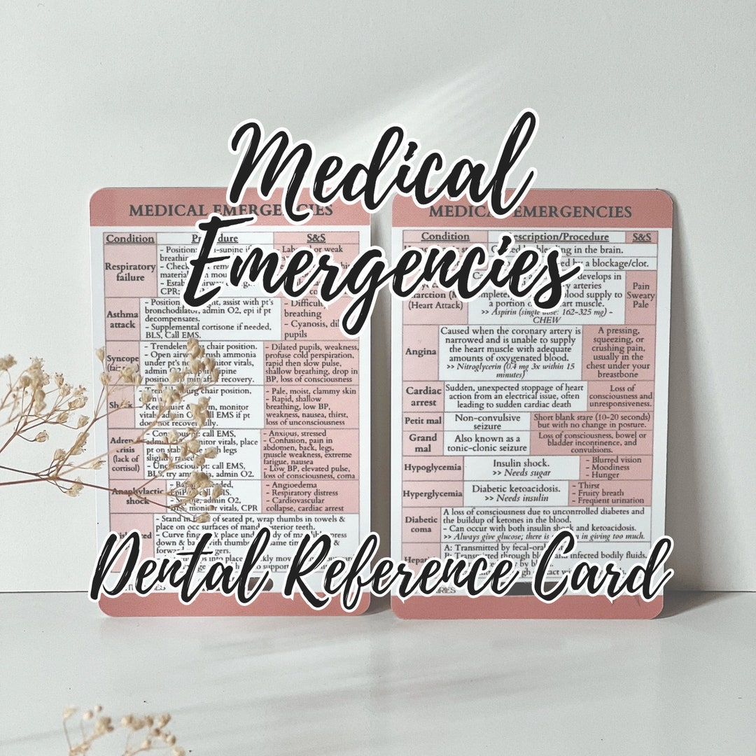 Medical Emergencies. Quick Reference Card, Study Card, Dental Hygienist ...