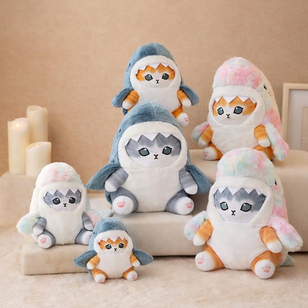 Japanese Cat Plush, Calico Cat Plush, Stuffed Kawaii Shark Cat Plushie ...