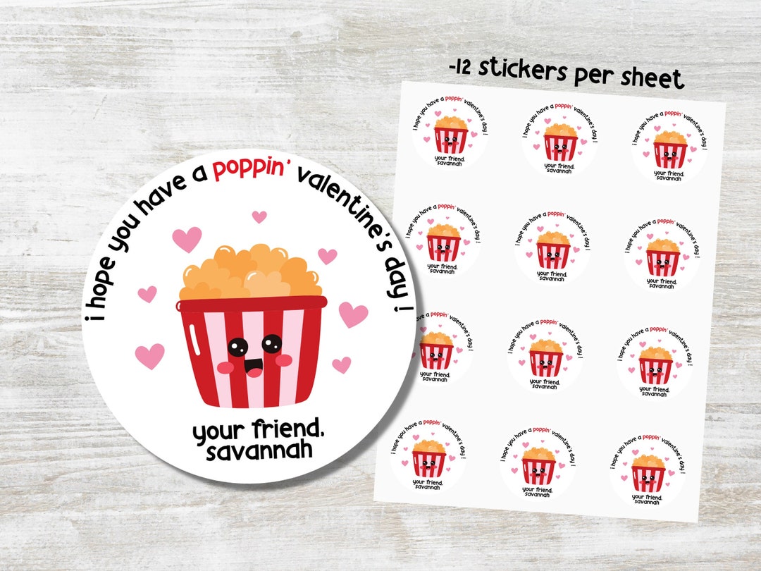 Popcorn Valentine Stickers | Kids Valentine's Day Popcorn Bag Stickers ...