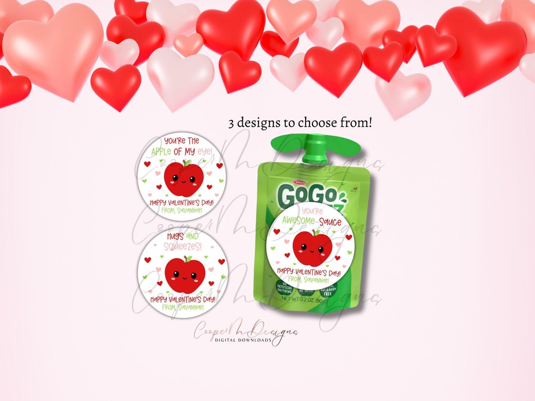 Applesauce Pouch Valentine Stickers, Printed and Mailed Kids Valentines ...