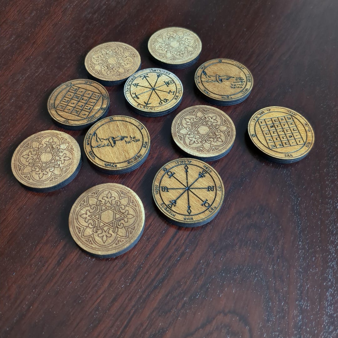 Pentacles of Solomon Set | 44 Piece Engraved Wooden Talisman Set ...