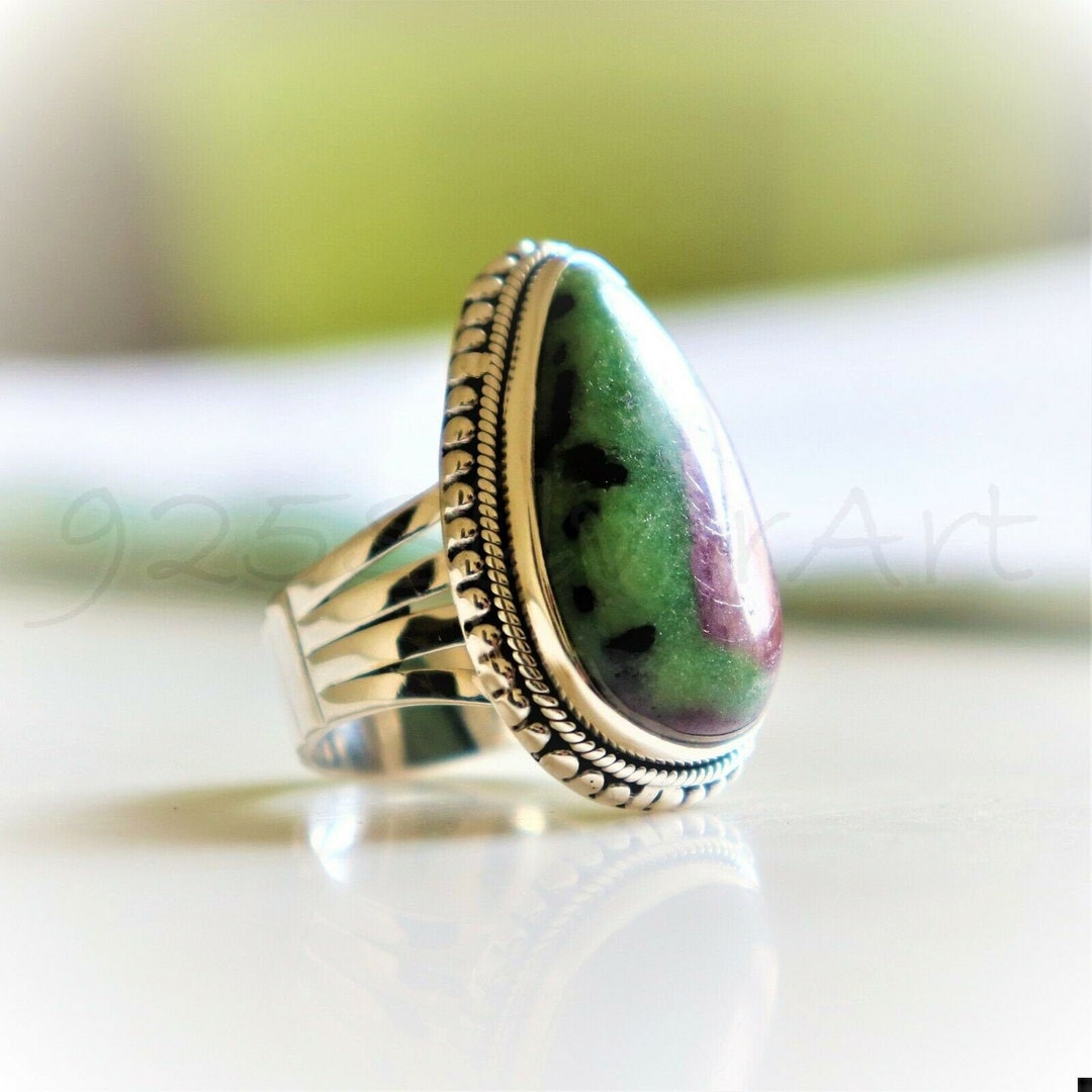 Ruby Zoisite Ring, 925 Sterling Silver, Natural Stone Ring, Pear Stone Ring, Designer Bezel Ring ...