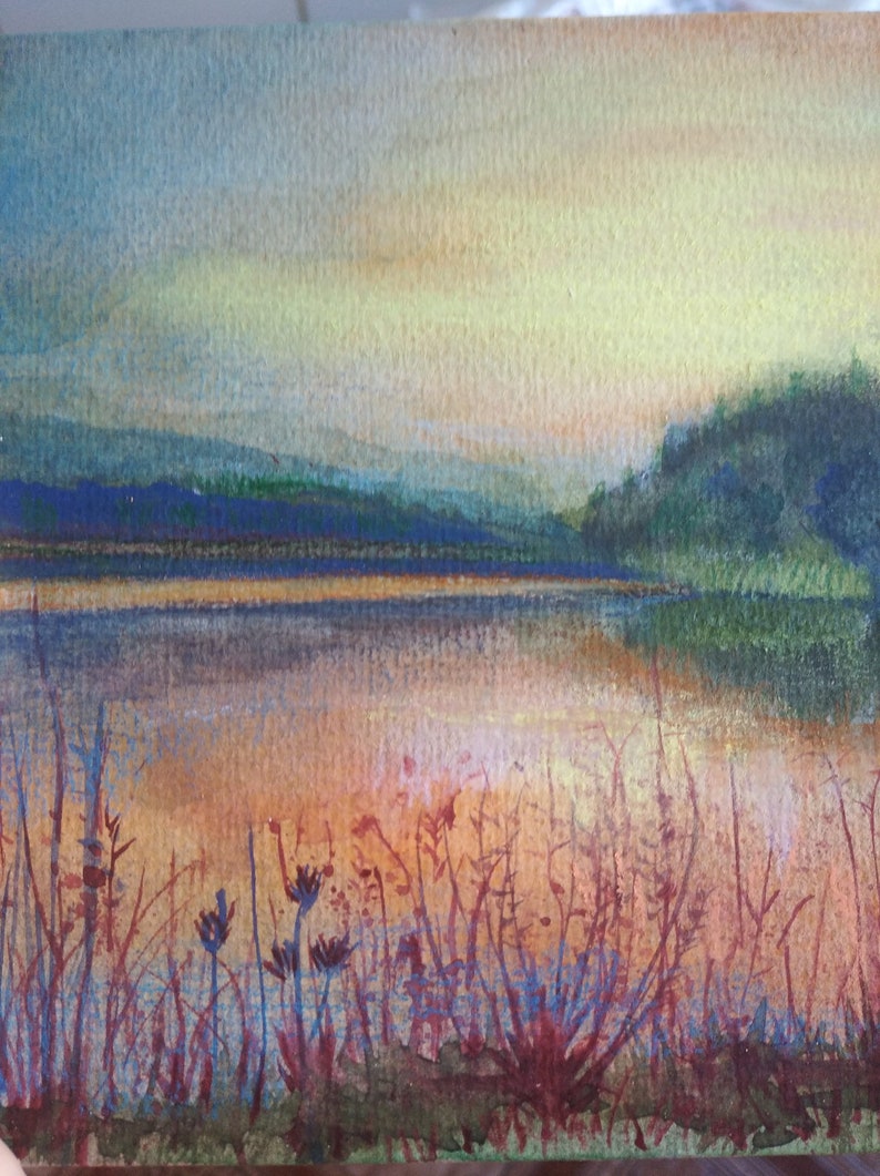 Lake Watercolor Original Art Landscape Watercolor Painting Sunset ...