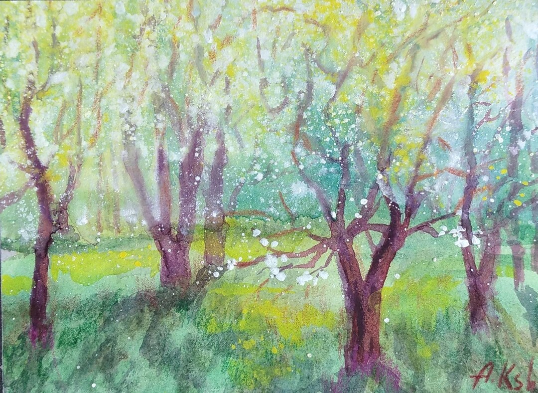 Blooming Garden Trees Watercolor Original Art, Spring Landscape ...
