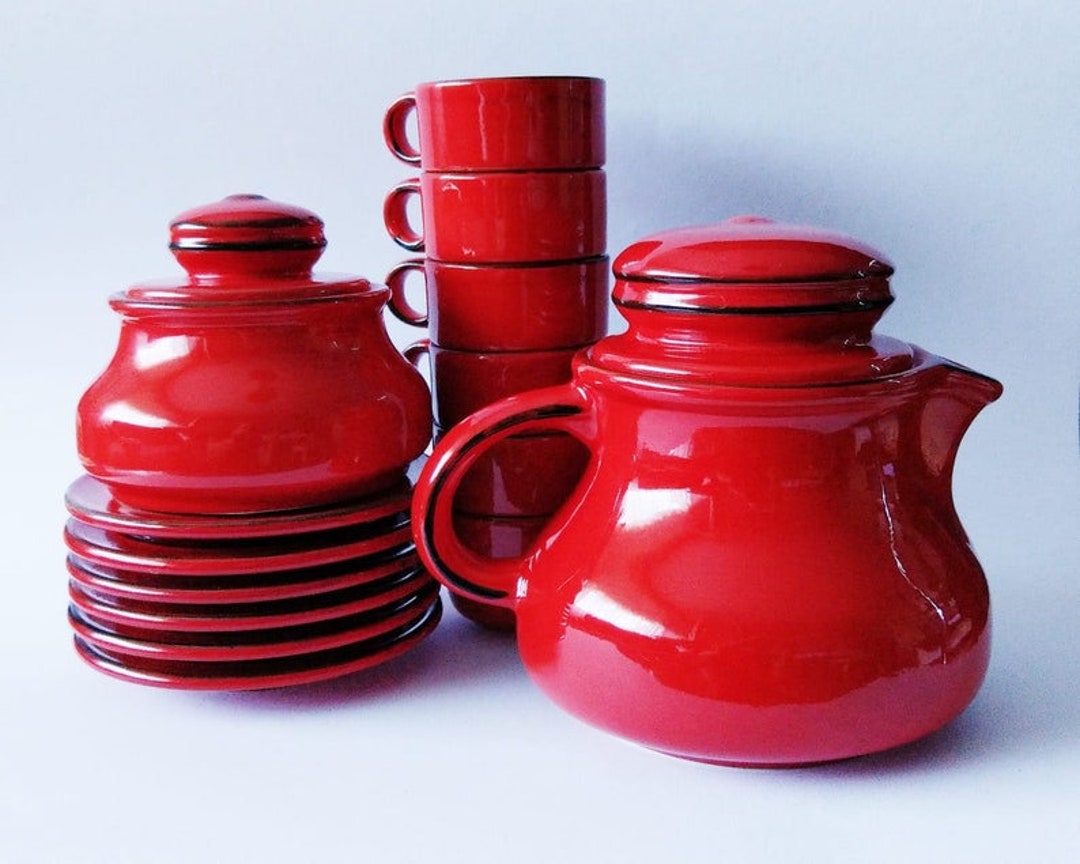 Vintage Ceramic Coffee Set Retro Pottery Red Ceramic Set KIL Slovenia ...