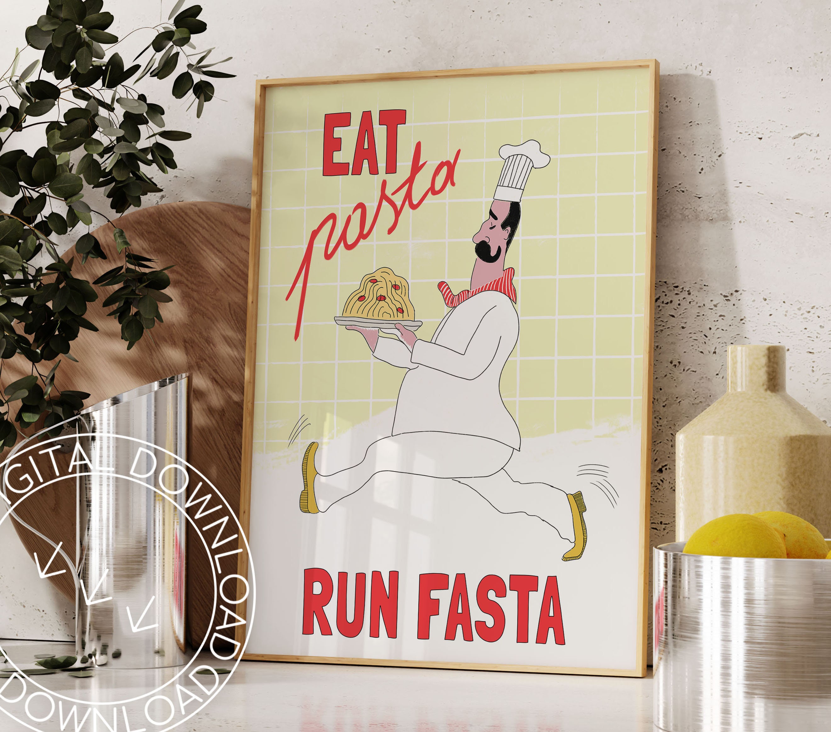 Printable Hand Drawn Italian Pasta Poster | Eat Pasta Run Fasta | Funny ...