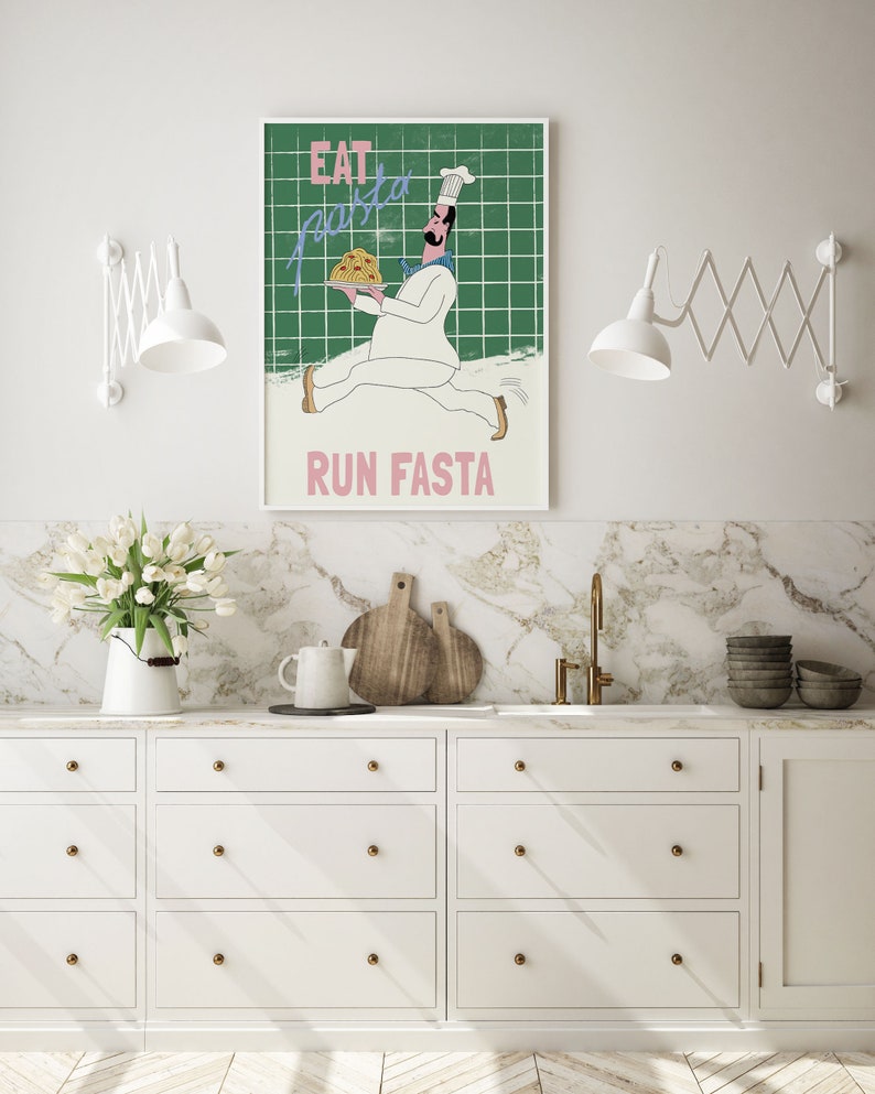 Printable Hand Drawn Italian Pasta Poster | Eat Pasta Run Fasta | Funny ...