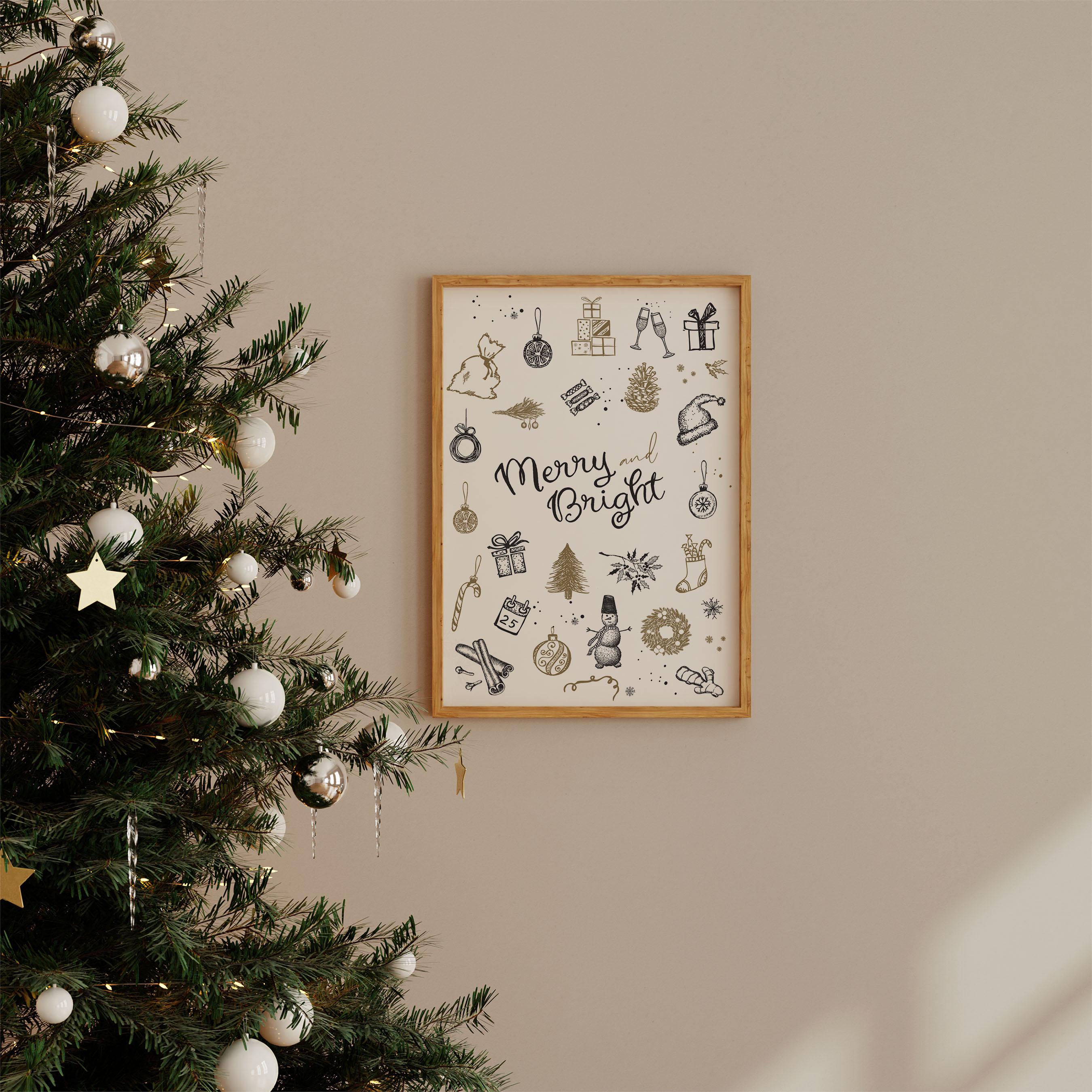 Printable Merry and Bright Hand Drawn Poster | Santa Claus Christmas ...