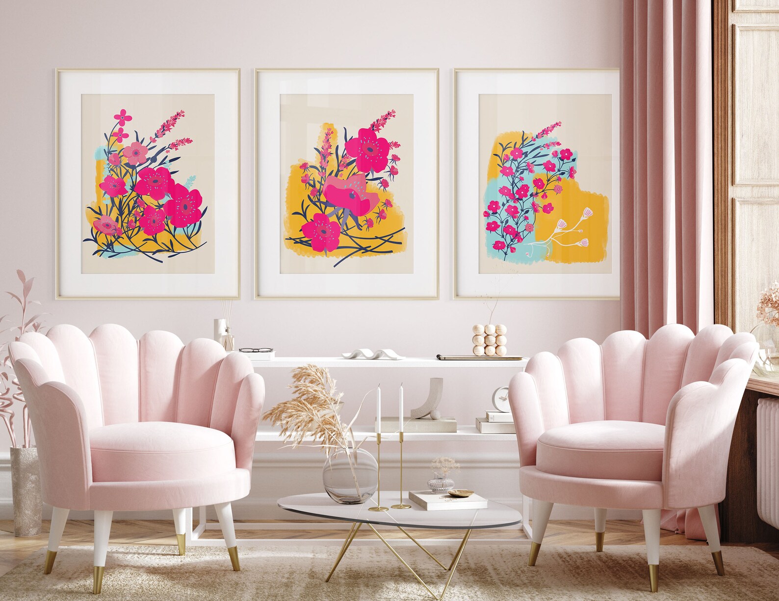 Set of 3 Hand Drawn Meadow Flowers Posters | Modern Vibrant Eclectic ...