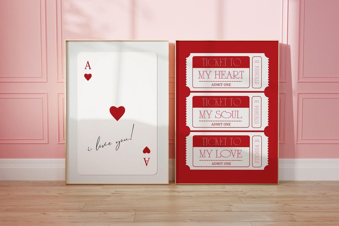 Printable Set of 2 Valentine's Day Posters | Retro Red Love Ticket ...