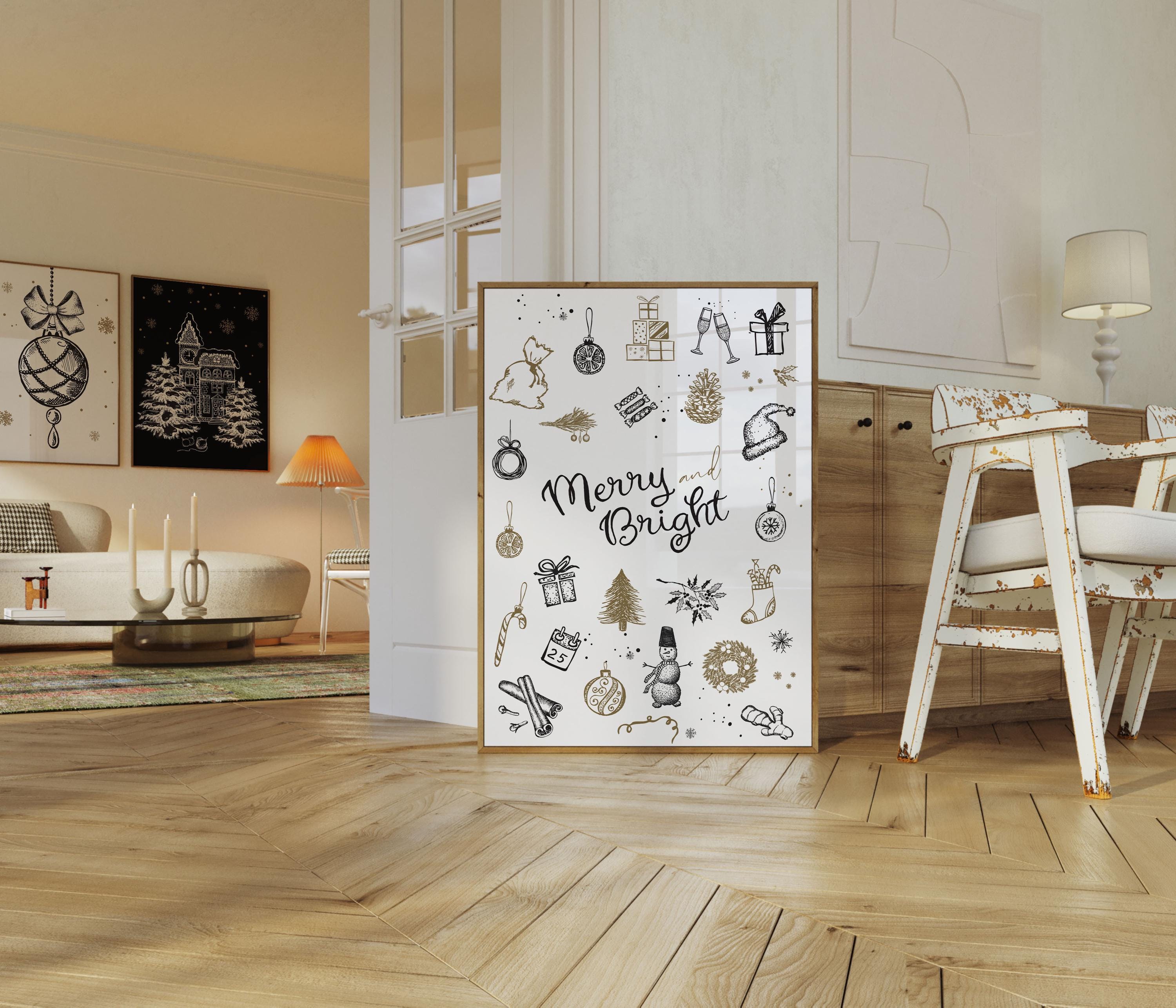 Printable Merry and Bright Hand Drawn Poster Santa Claus Christmas Tree ...