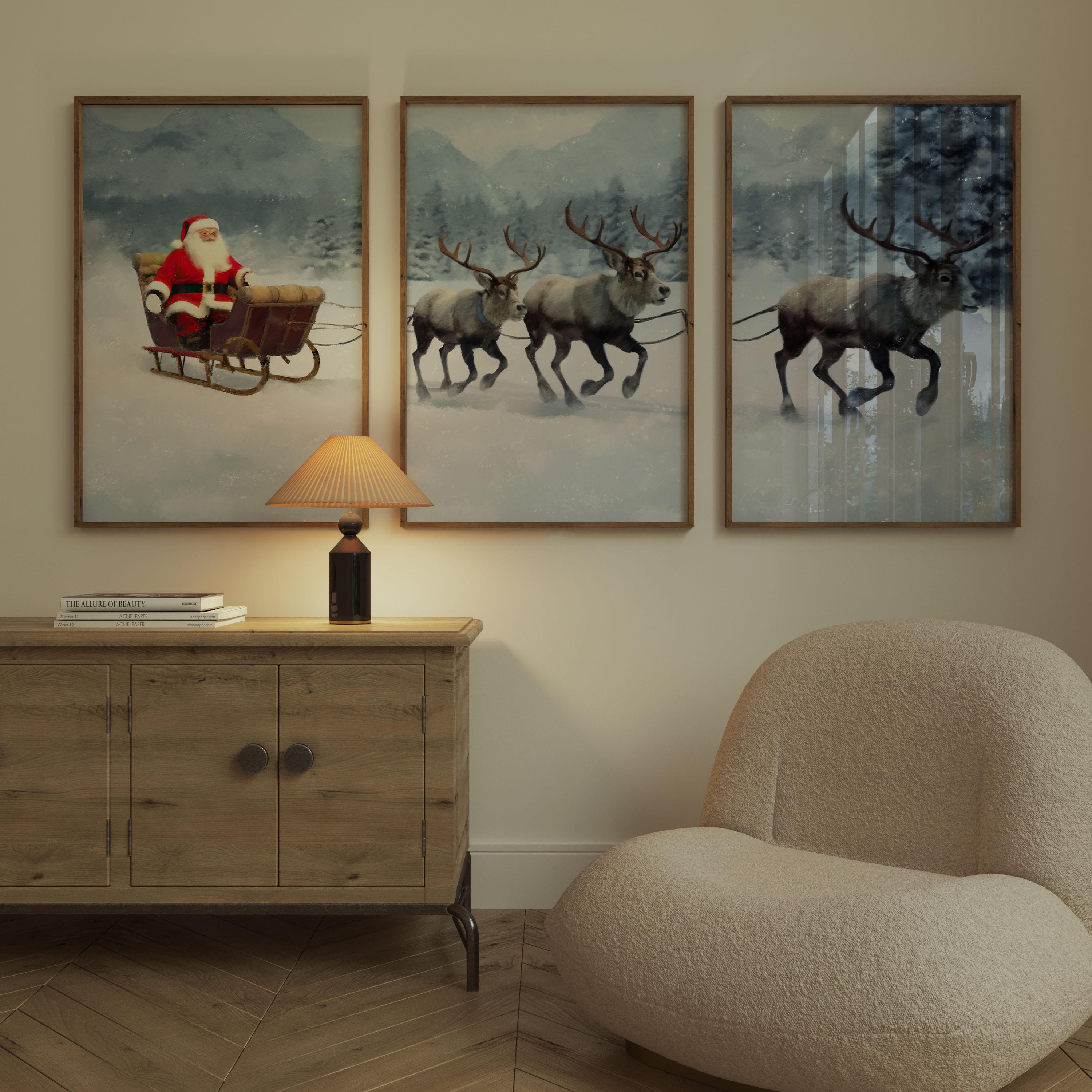 Printable Christmas Set of 3 Posters | Blue Santa Claus With a Sleigh ...