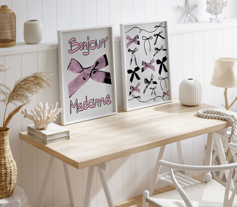 Bonjour Madame Pink Bow Posters | Girly Preppy Wall Art (set of 2) - Etsy