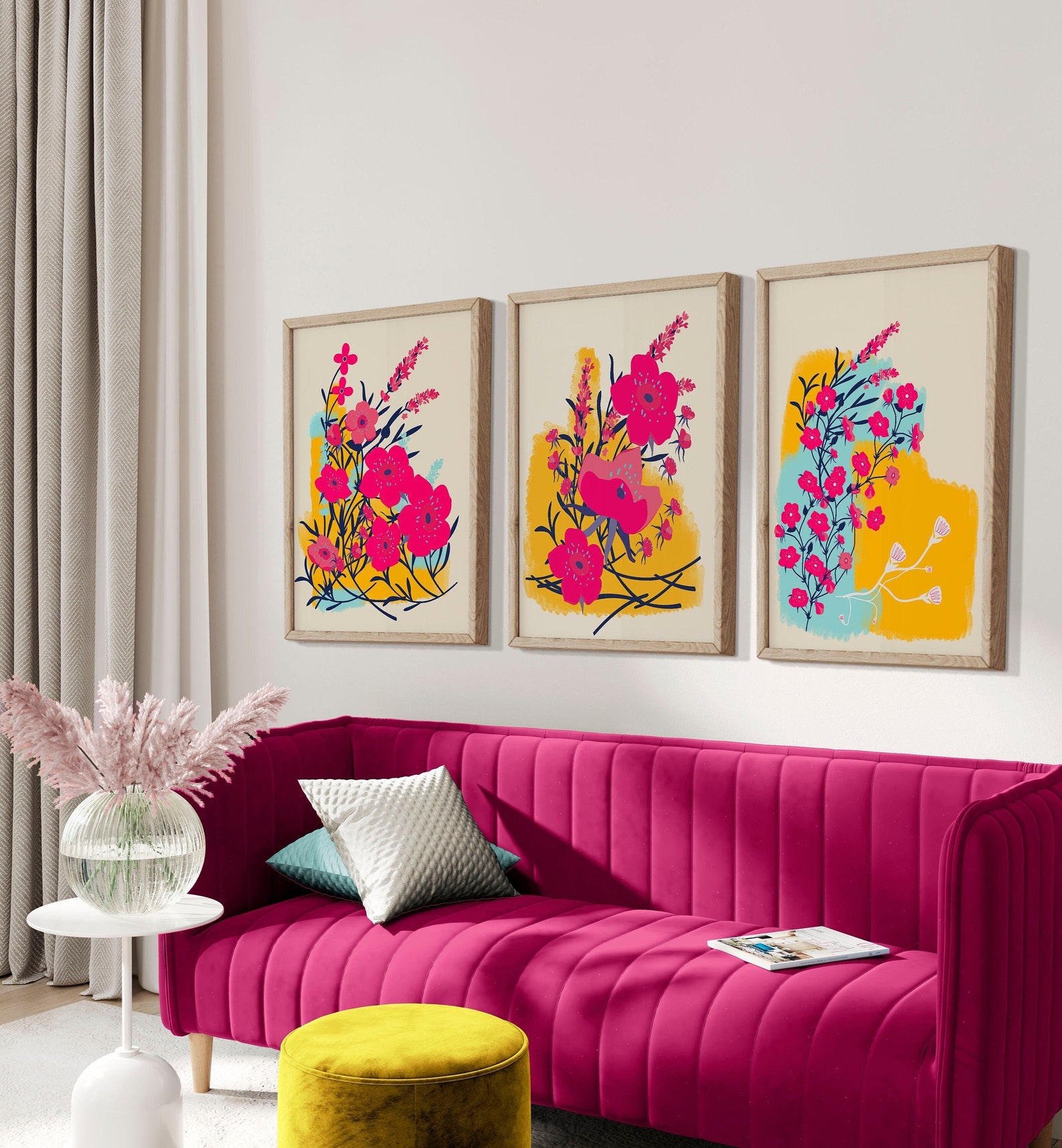 Set of 3 Hand Drawn Meadow Flowers Posters | Modern Vibrant Eclectic ...