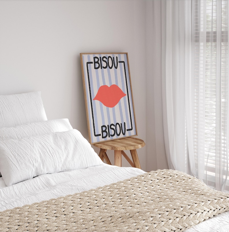 Printable Bisou Bisou Quote French Kisses Poster Romantic Red Lips Modern Blue Red Typography ...