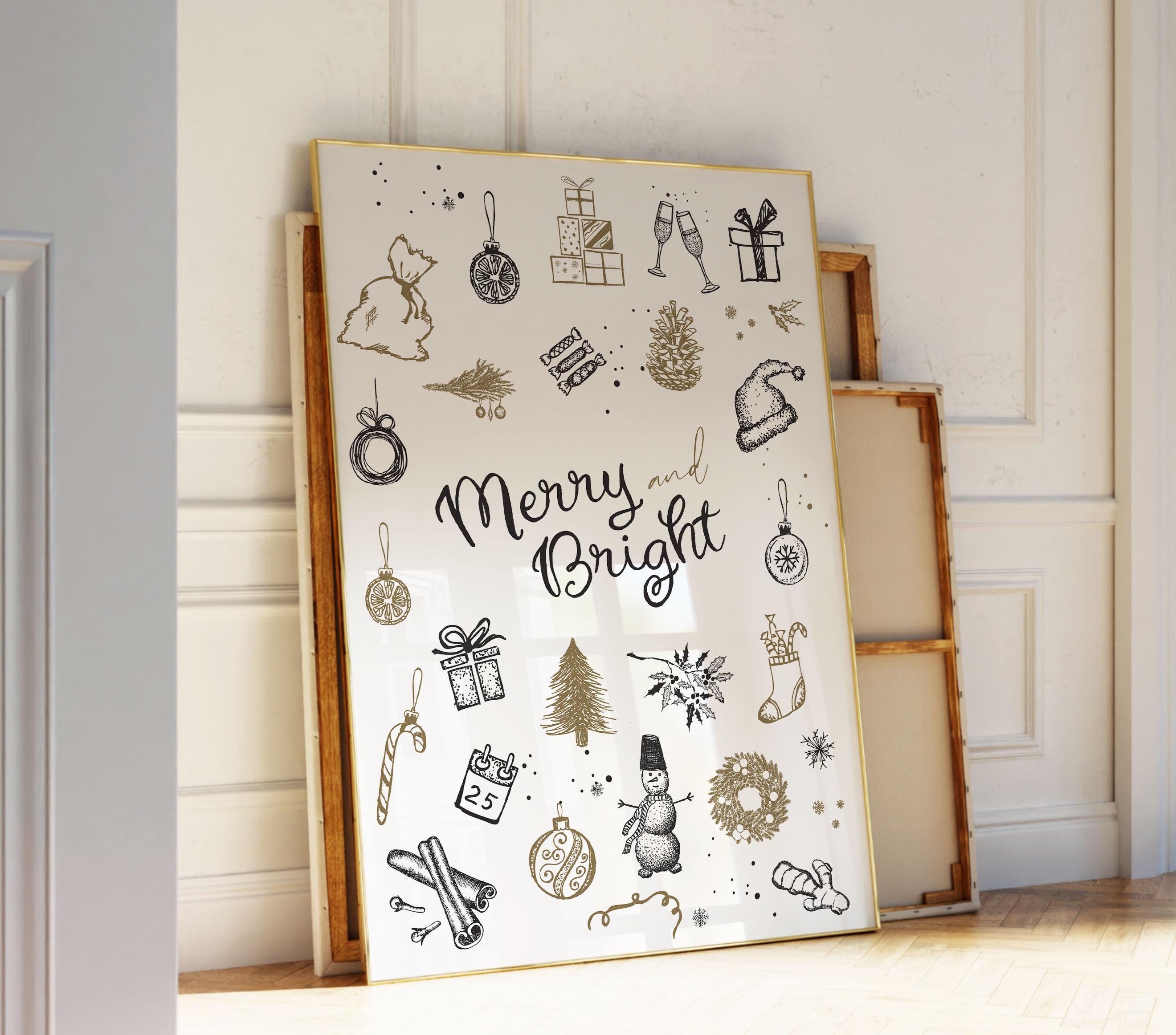 Printable Merry and Bright Hand Drawn Poster | Santa Claus Christmas ...