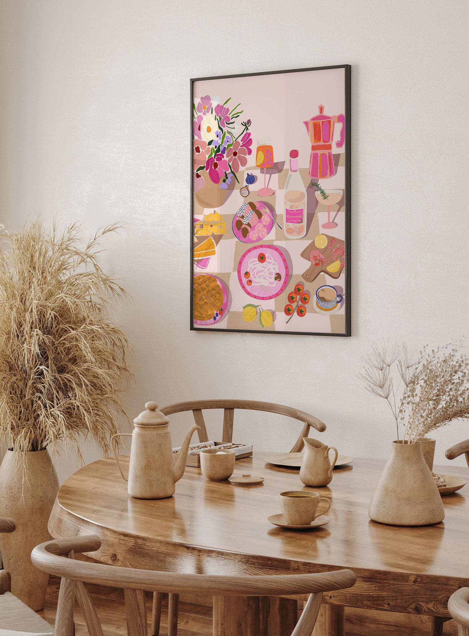 Printable Pink Dinner Table Poster | Wine and Cheese Hand Drawn Print ...
