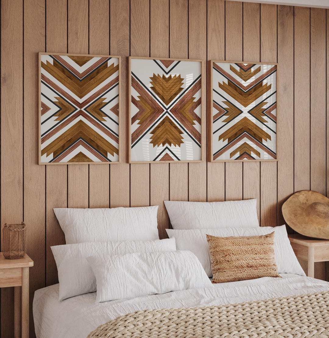 Aztec Wood Art Set of 3, Geometric Wall Art, Boho Living Room Print ...