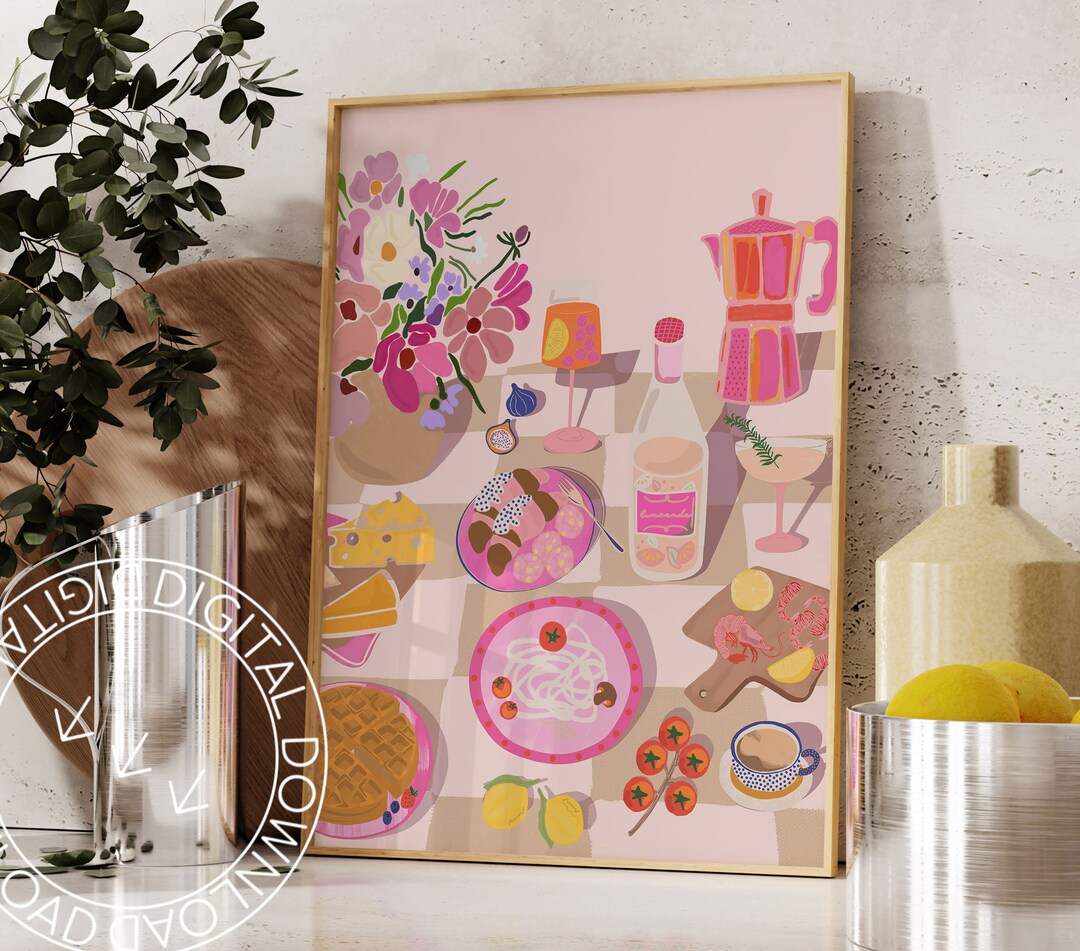 Printable Pink Dinner Table Poster | Wine and Cheese Hand Drawn Print ...