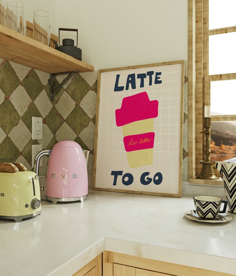 Printable Hand Drawn Coffee Latte Poster | Caffe Latte to Go | Kitchen ...